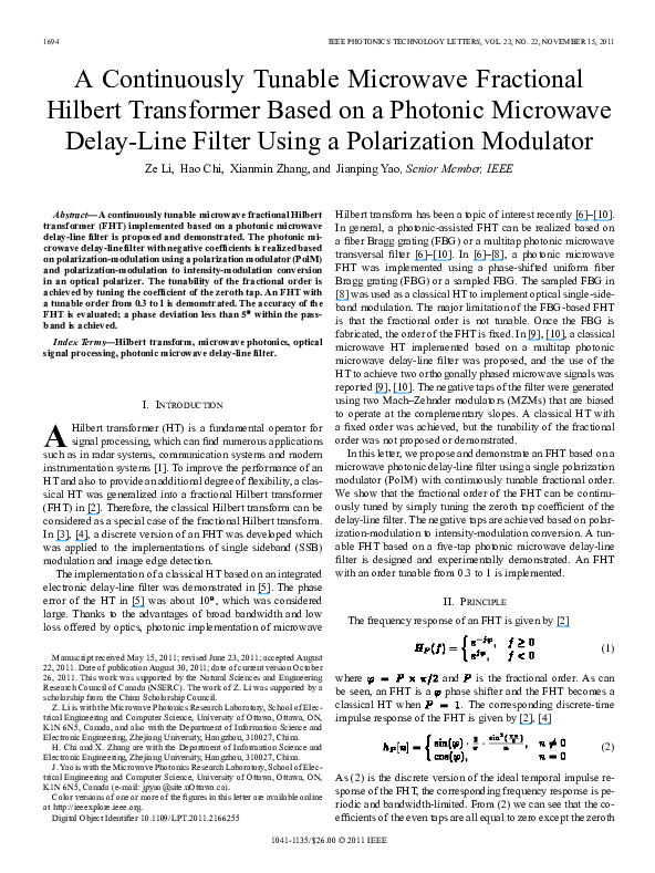 (PDF) A Continuously Tunable Microwave Fractional Hilbert Transformer ...