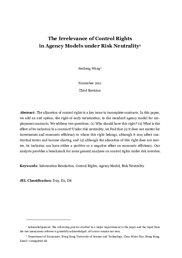 (PDF) The Irrelevance of Control Rights in Agency Models under Risk ...