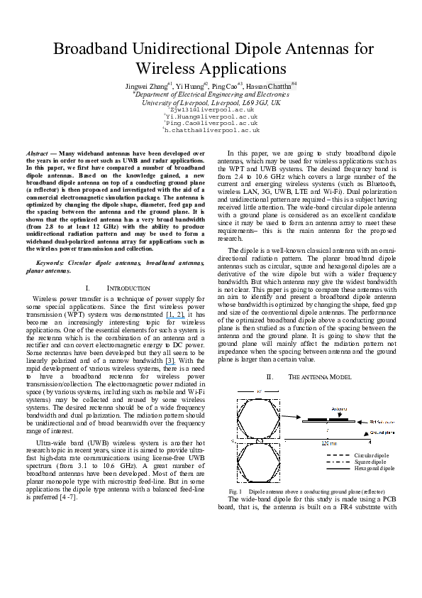 (PDF) Broadband unidirectional dipole antennas for wireless applications