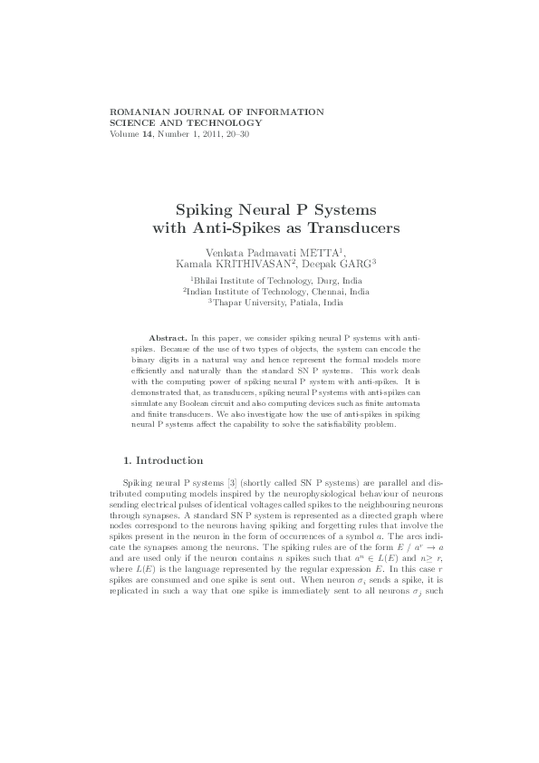 (PDF) Spiking Neural P Systems with Anti-Spikes as Transducers