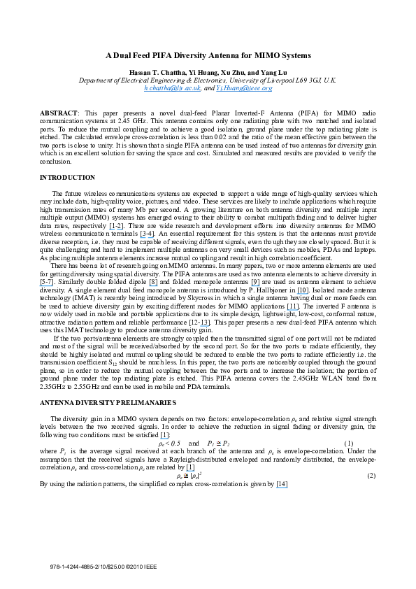 (PDF) A dual feed PIFA diversity antenna for MIMO systems