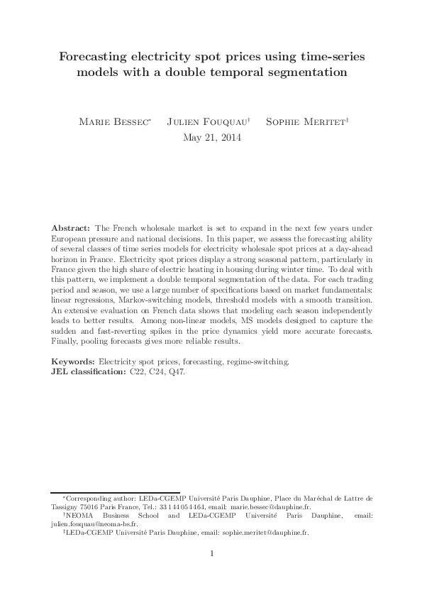 Pdf Forecasting Electricity Spot Prices Using Time Series Models With A Double Temporal