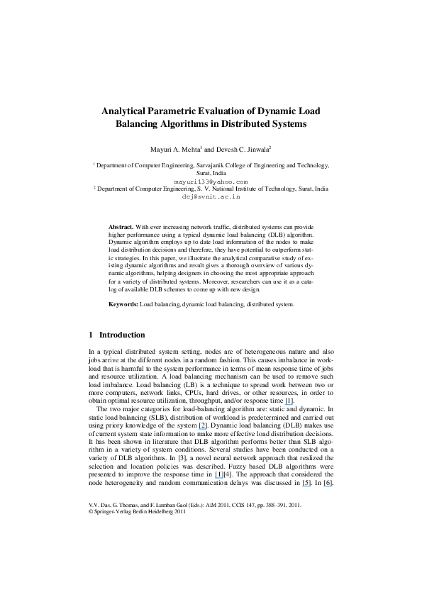 Pdf Analytical Parametric Evaluation Of Dynamic Load Balancing Algorithms In Distributed Systems