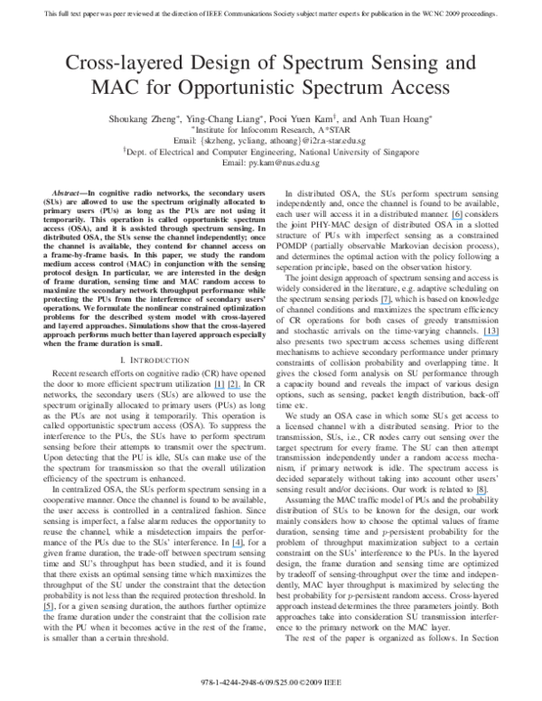 Pdf Cross Layered Design Of Spectrum Sensing And Mac For Opportunistic Spectrum Access