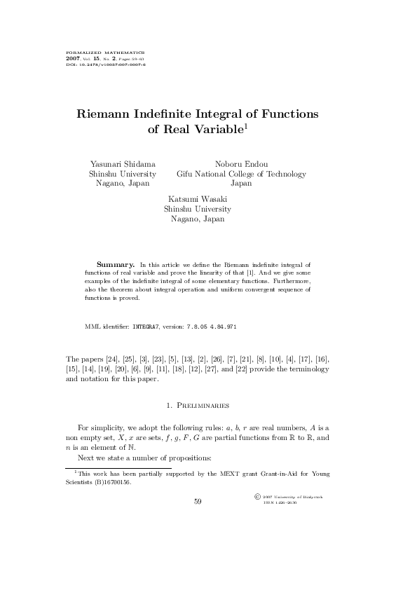 Pdf Riemann Indefinite Integral Of Functions Of Real Variable