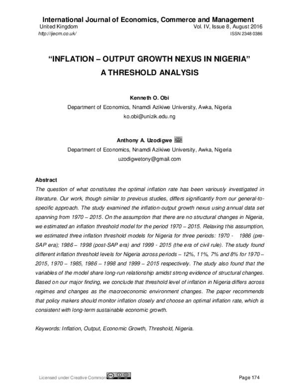 (PDF) " INFLATION – OUTPUT GROWTH NEXUS IN NIGERIA " A THRESHOLD ANALYSIS