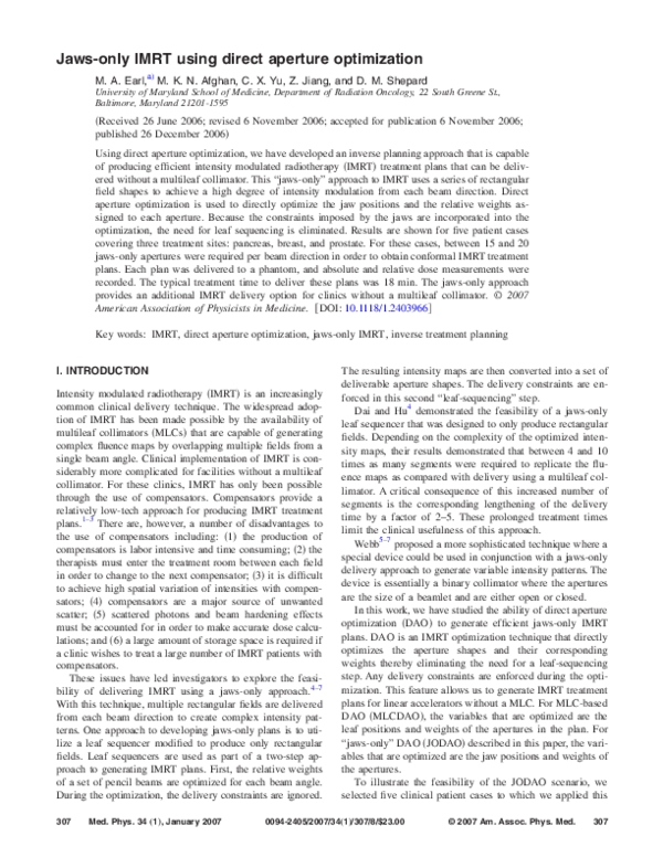 Pdf Jaws Only Imrt Using Direct Aperture Optimization