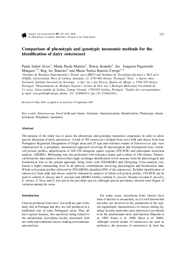 (PDF) Comparison of phenotypic and genotypic taxonomic methods for the identification of dairy ...
