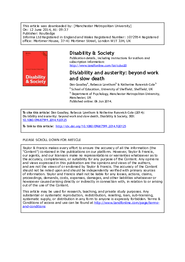 (PDF) Dis/ability and austerity: beyond work and slow death