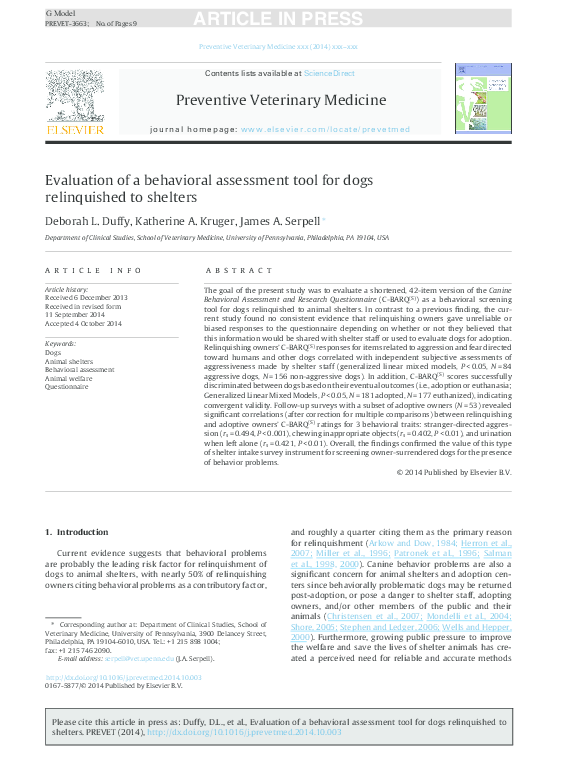 (PDF) Evaluation of a behavioral assessment tool for dogs relinquished ...