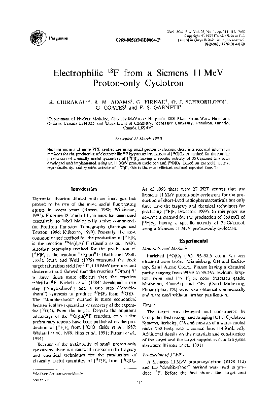 (PDF) Electrophilic 18F from a siemens 11 MeV proton-only cyclotron