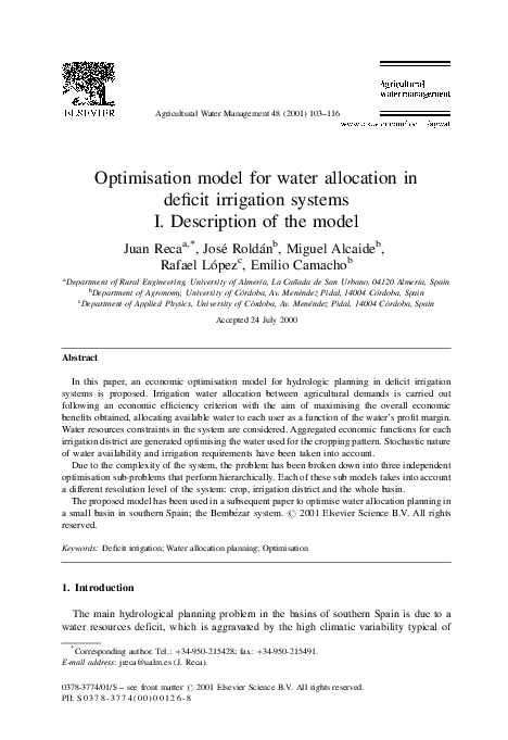 (PDF) Optimisation model for water allocation in deficit irrigation systems