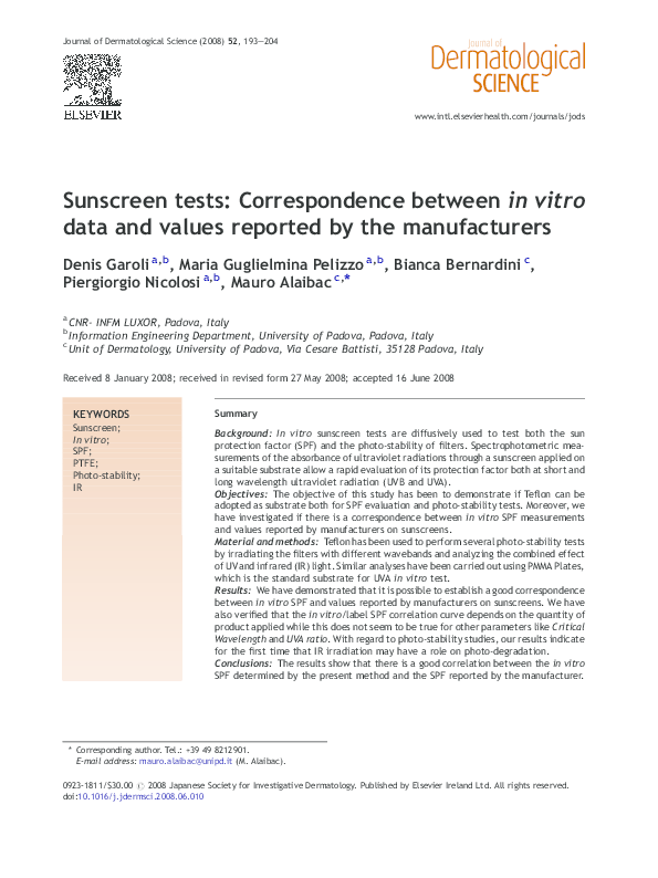 (PDF) Sunscreen tests: Correspondence between in vitro data and values ...