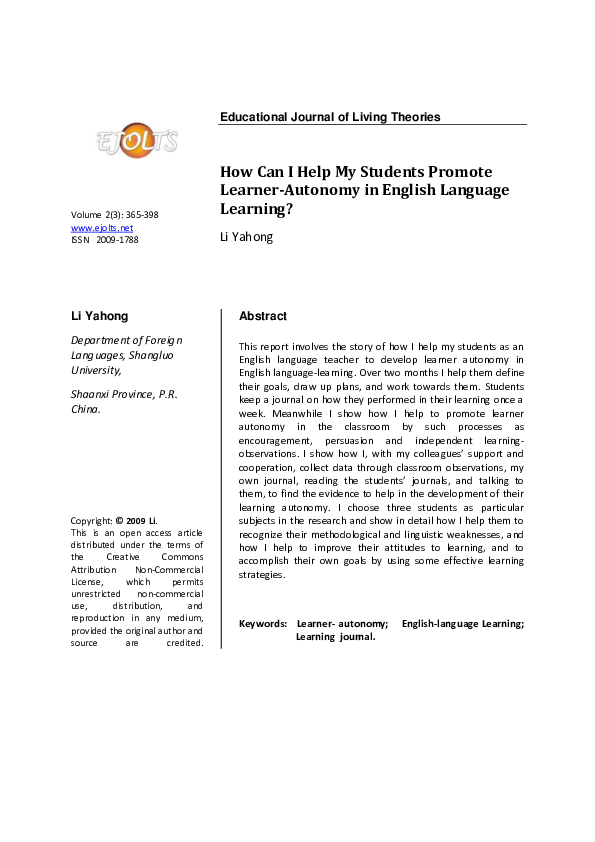 (PDF) How Can I Help My Students Promote Learner-Autonomy in English Language Learning