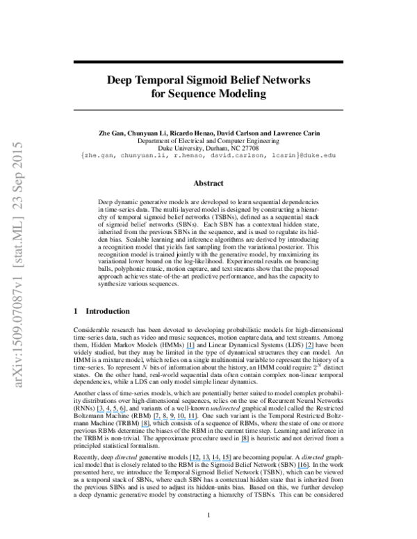 (PDF) Deep Temporal Sigmoid Belief Networks for Sequence Modeling