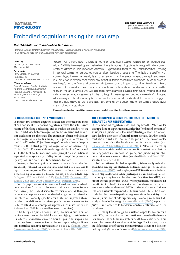 (PDF) Embodied cognition: taking the next step