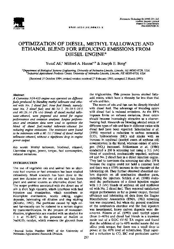 (PDF) Optimization of diesel, methyl tallowate and ethanol blend for ...