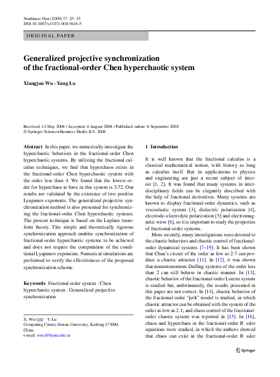 Pdf Generalized Projective Synchronization Of The Fractional Order