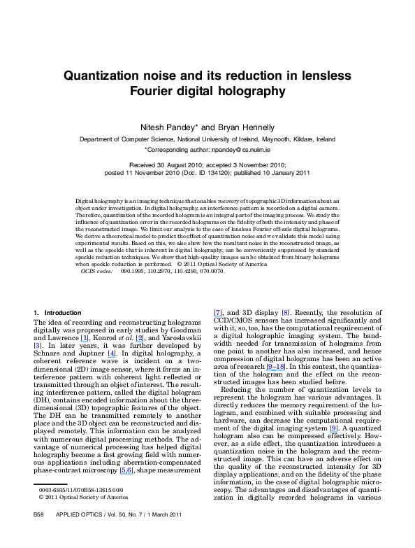 (PDF) Quantization noise and its reduction in lensless Fourier digital ...