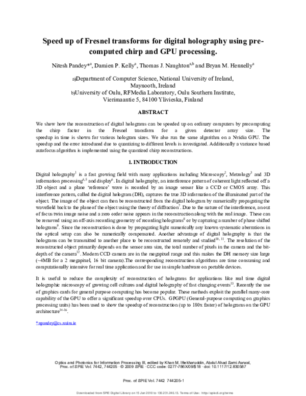 (PDF) Speed up of Fresnel transforms for digital holography using pre ...