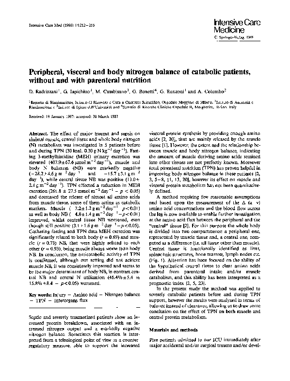 (PDF) Peripheral, visceral and body nitrogen balance of catabolic ...