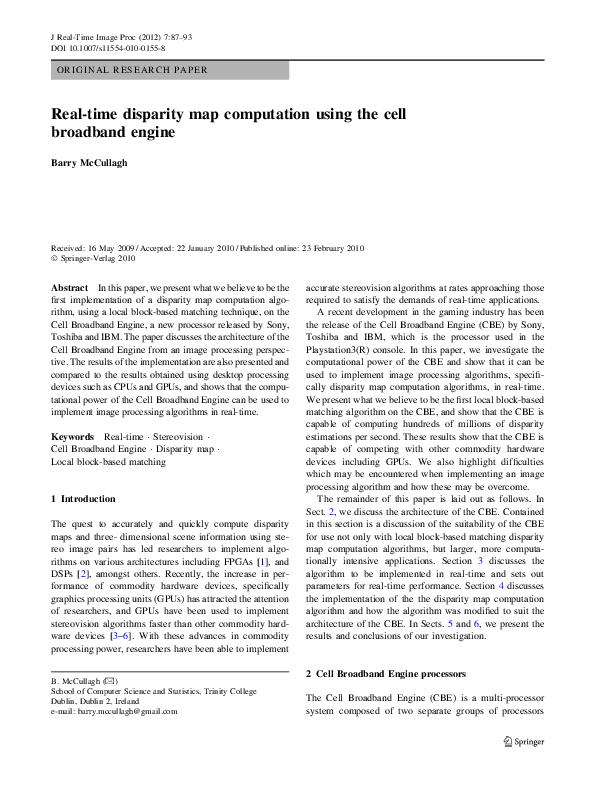 Pdf Real Time Disparity Map Computation Using The Cell Broadband Engine