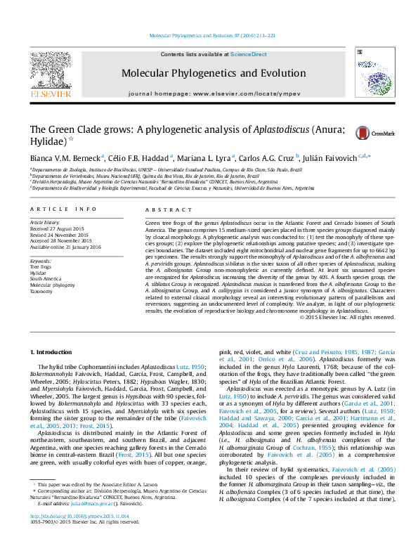 (PDF) The Green Clade grows: A phylogenetic analysis of Aplastodiscus ...