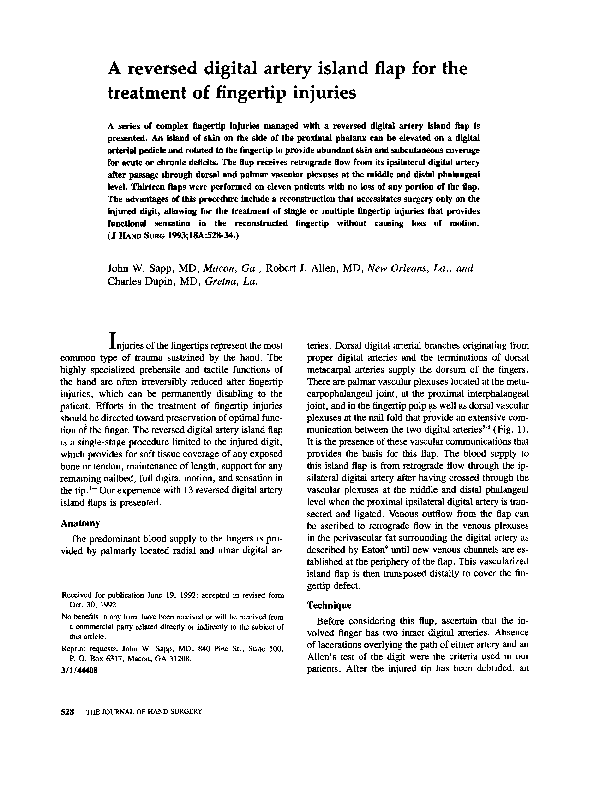 (PDF) A Reversed Digital Artery Island Flap for the Treatment of ...