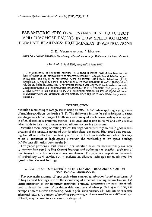 Pdf Parametric Spectral Estimation To Detect And Diagnose Faults In Low Speed Rolling Element