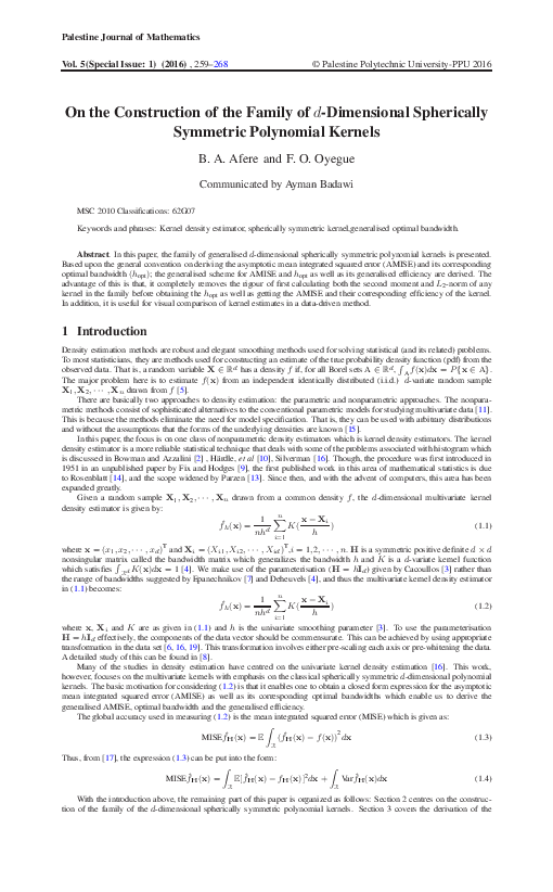 (PDF) On the Construction of the Family of d-Dimensional Spherically Symmetric Polynomial Kernels