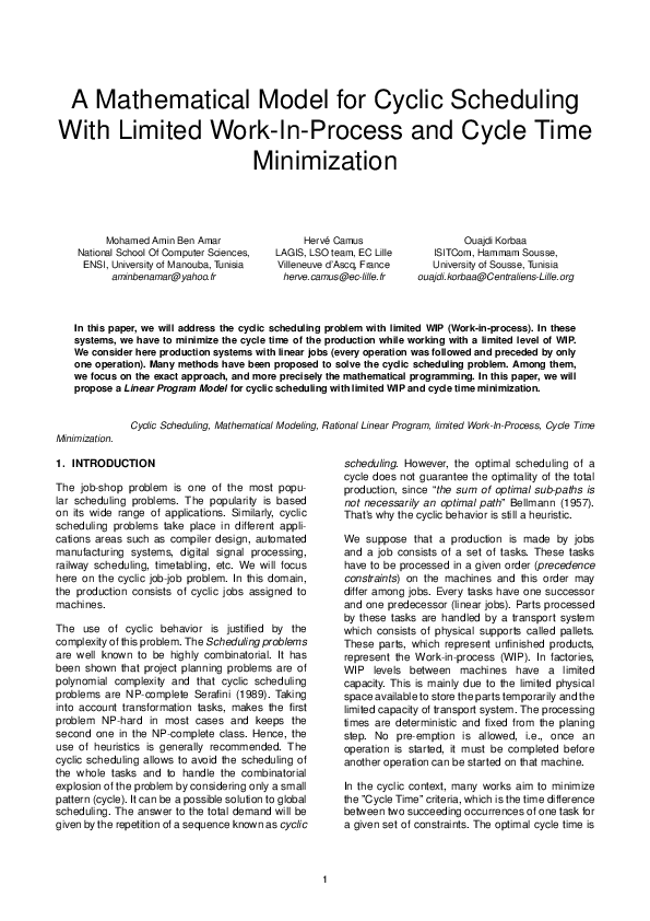 Pdf A Mathematical Model For Cyclic Scheduling With Assembly Tasks