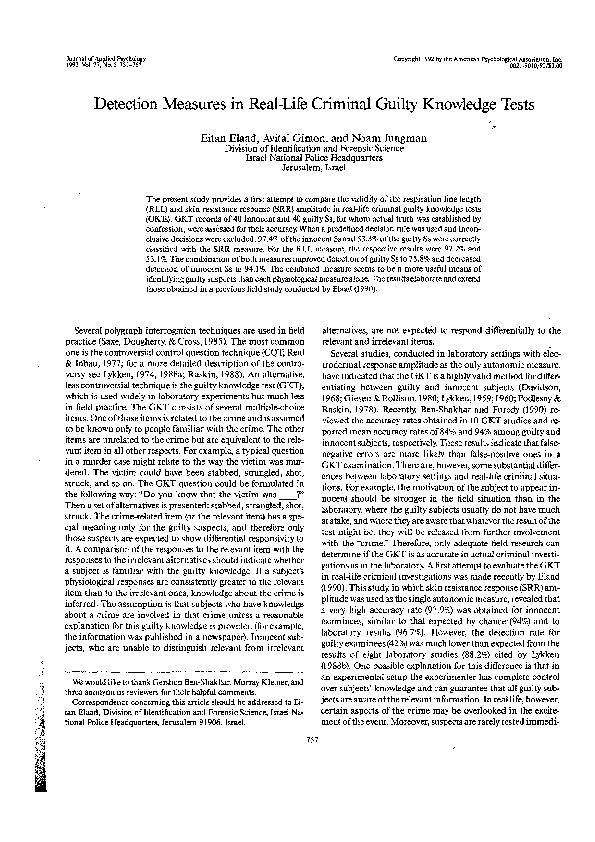 (PDF) Detection Measures in Real Life Criminal Guilty Knowledge Tests