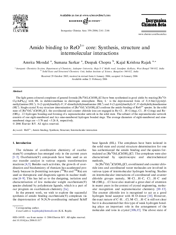 (PDF) Amido binding to ReO 3+ core: Synthesis, structure and intermolecular interactions