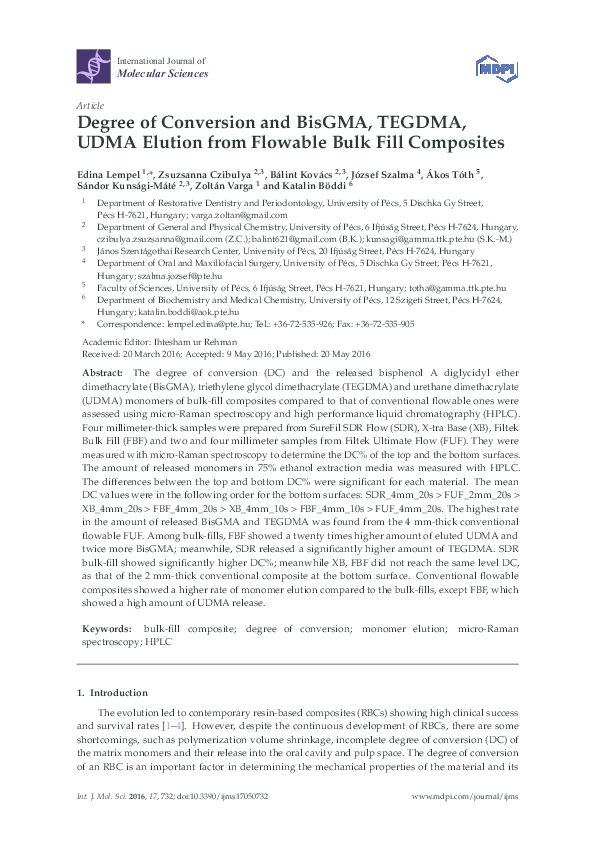 (PDF) Degree of Conversion and BisGMA, TEGDMA, UDMA Elution from ...