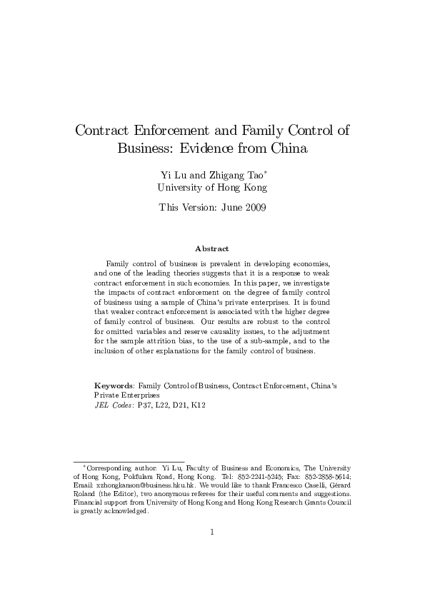 (PDF) Contract enforcement and family control of business: Evidence ...