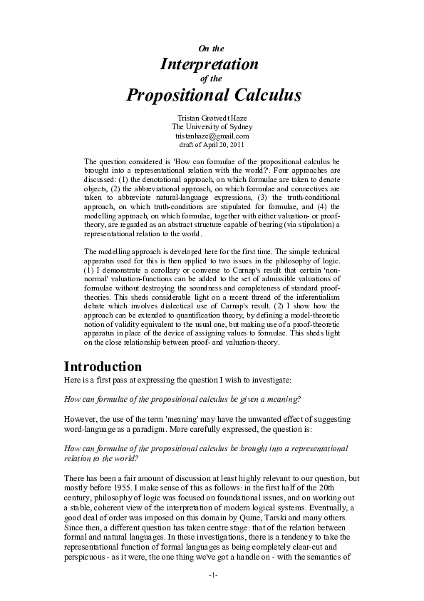 (PDF) On the Interpretation of the Propositional Calculus