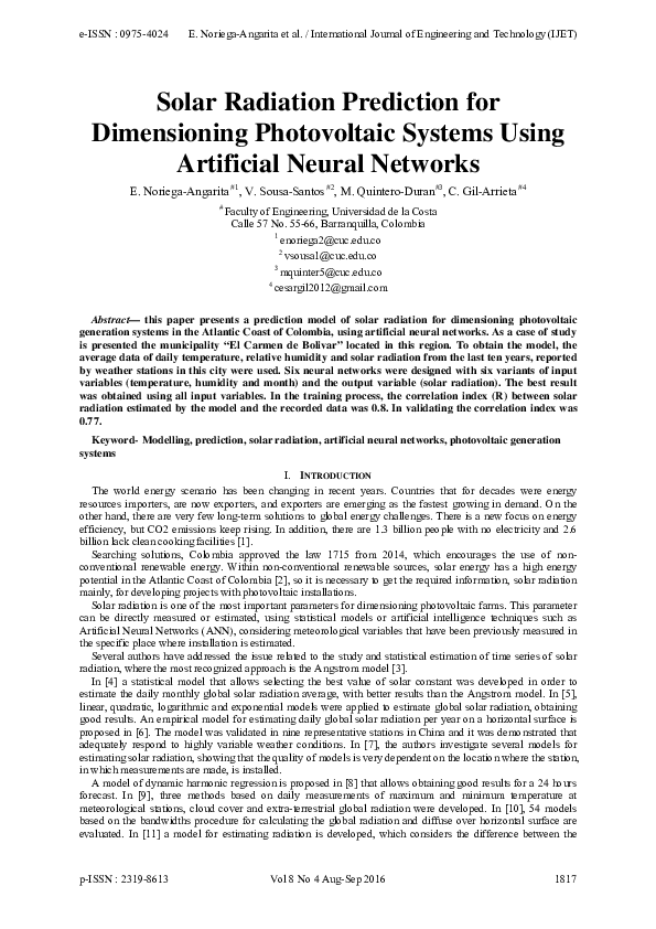 Pdf Solar Radiation Prediction For Dimensioning Photovoltaic Systems Using Artificial Neural