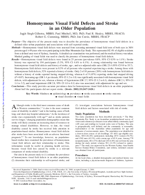 (PDF) Homonymous Visual Field Defects and Stroke in an Older Population