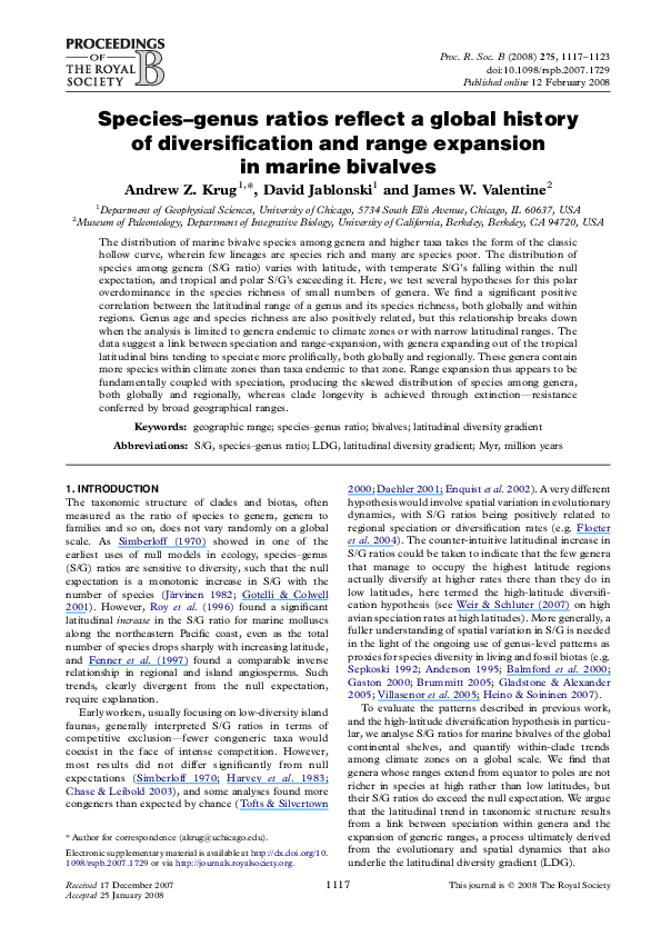 (PDF) Species–genus ratios reflect a global history of diversification ...