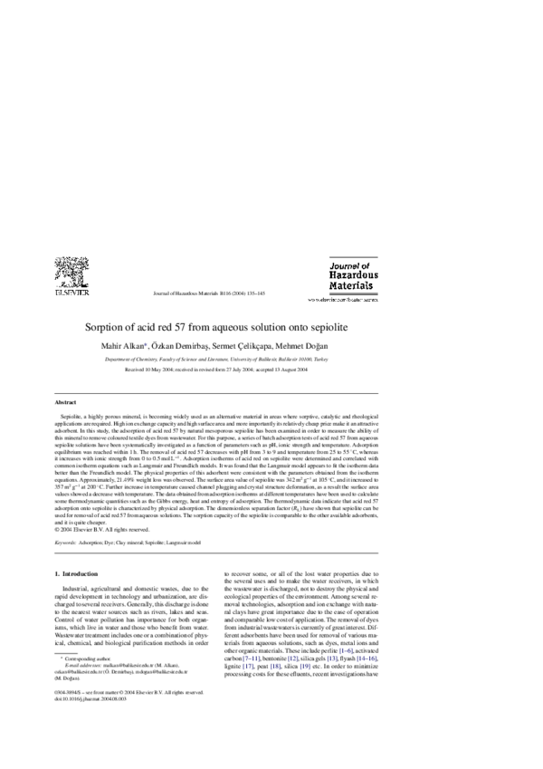 (PDF) Sorption of acid red 57 from aqueous solution onto sepiolite