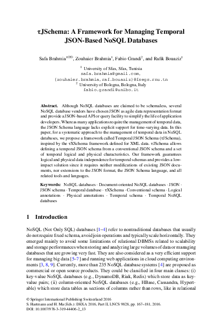 (PDF) τJSchema: A Framework for Managing Temporal JSON-Based NoSQL ... (PDF) τJSchema: A Framework for Managing Temporal JSON-Based NoSQL ...