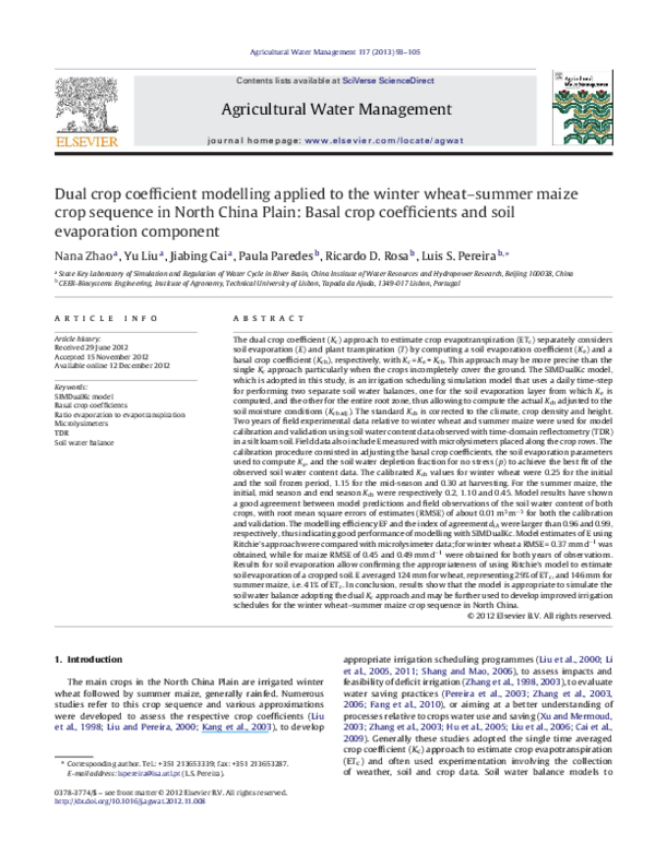 Pdf Dual Crop Coefficient Modelling Applied To The Winter Wheat Summer Maize Crop Sequence In
