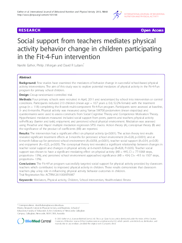(PDF) Social support from teachers mediates physical activity behavior ...