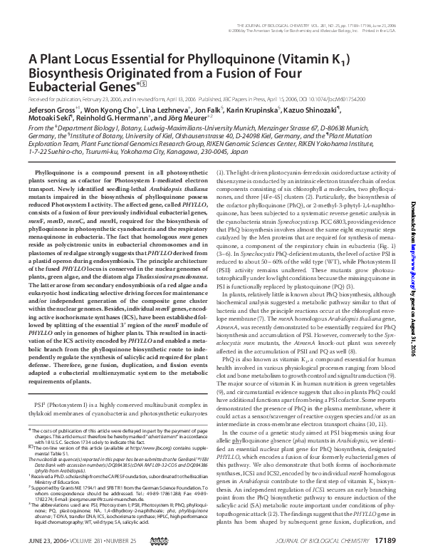 (PDF) A Plant Locus Essential for Phylloquinone (Vitamin K1 ...