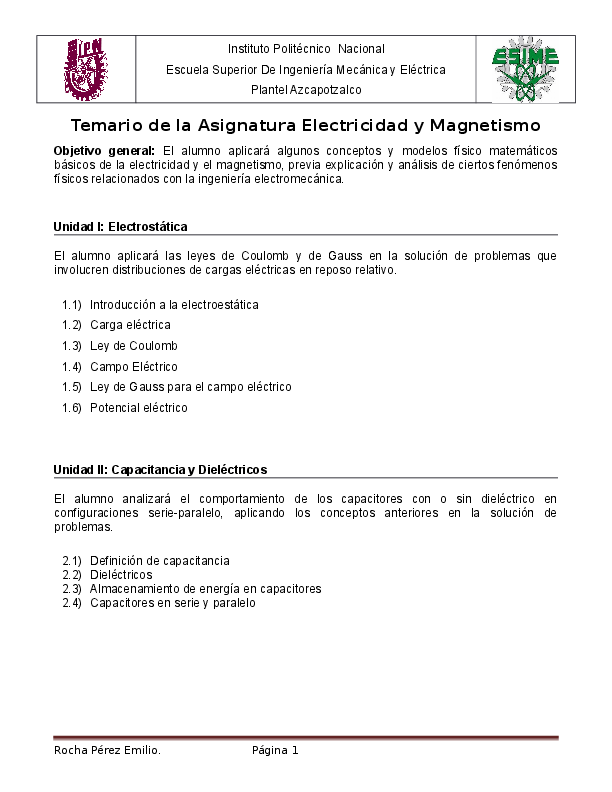 (DOC) Temario de la Asignatura Electricidad y Magnetismo