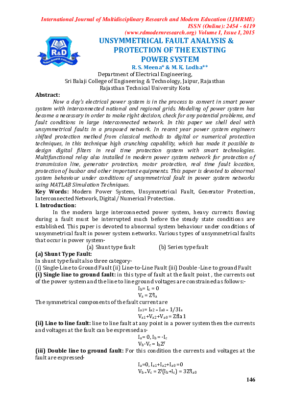 (PDF) UNSYMMETRICAL FAULT ANALYSIS & PROTECTION OF THE EXISTING POWER SYSTEM