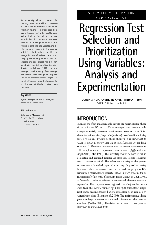Pdf Regression Test Selection And Prioritization Using Variables Analysis And