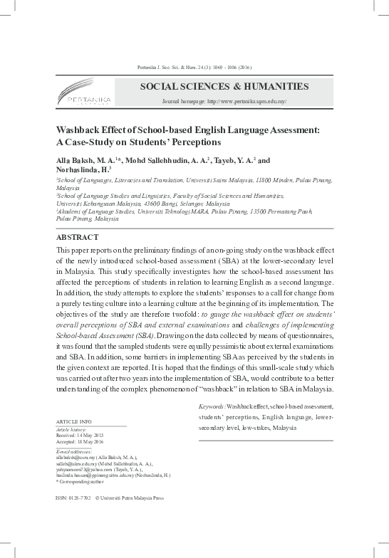(PDF) Washback Effect of School-based English Language Assessment: A ...
