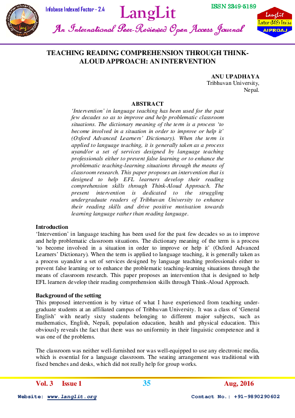 (PDF) TEACHING READING COMPREHENSION THROUGH THINK- ALOUD APPROACH: AN ...