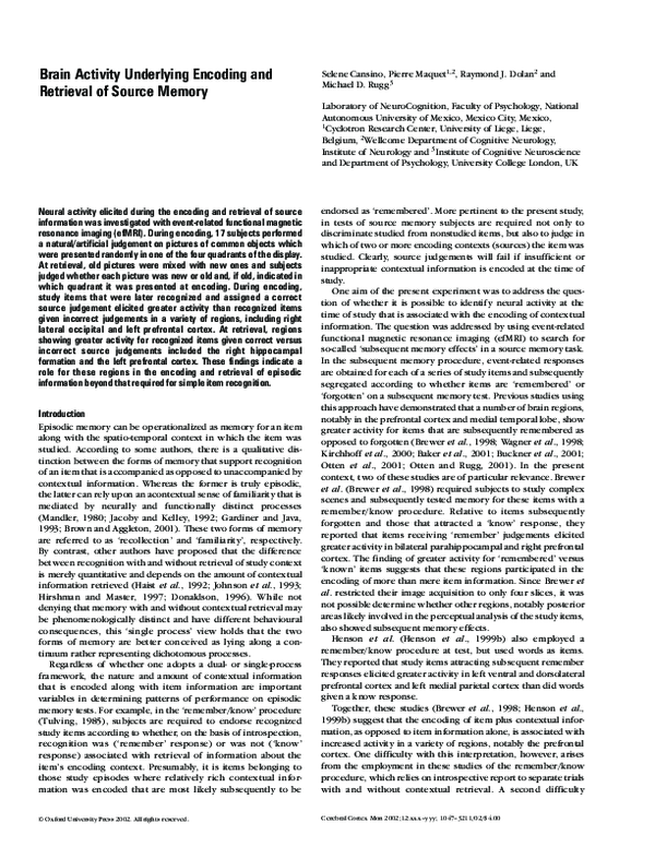 Pdf Brain Activity Underlying Encoding And Retrieval Of Source Memory